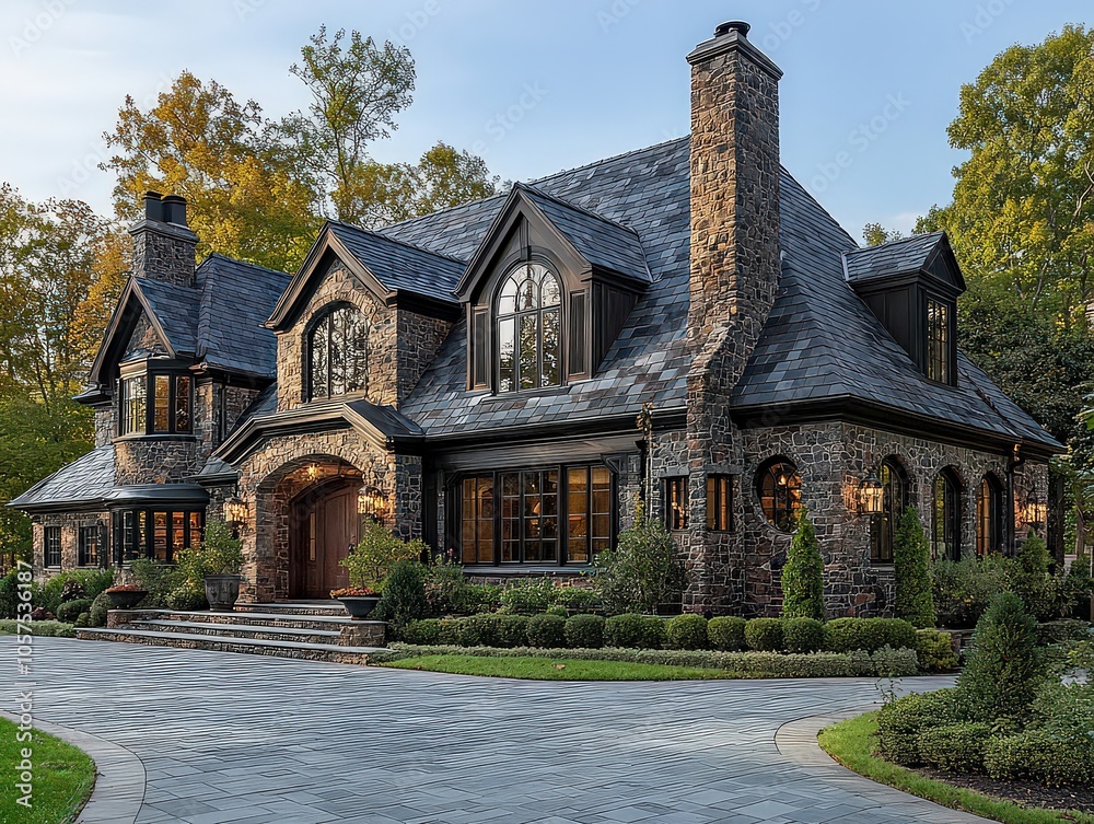 Elegant stone mansion with steep gable roofs, arched windows, and ...