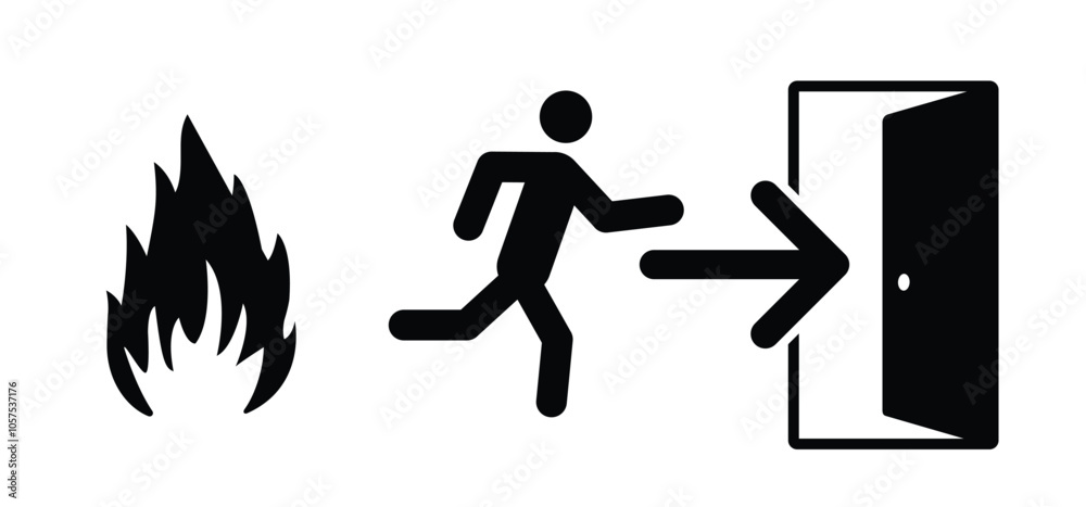 Arrow for emergency exit, office safety symbol. Cartoon open doors ...