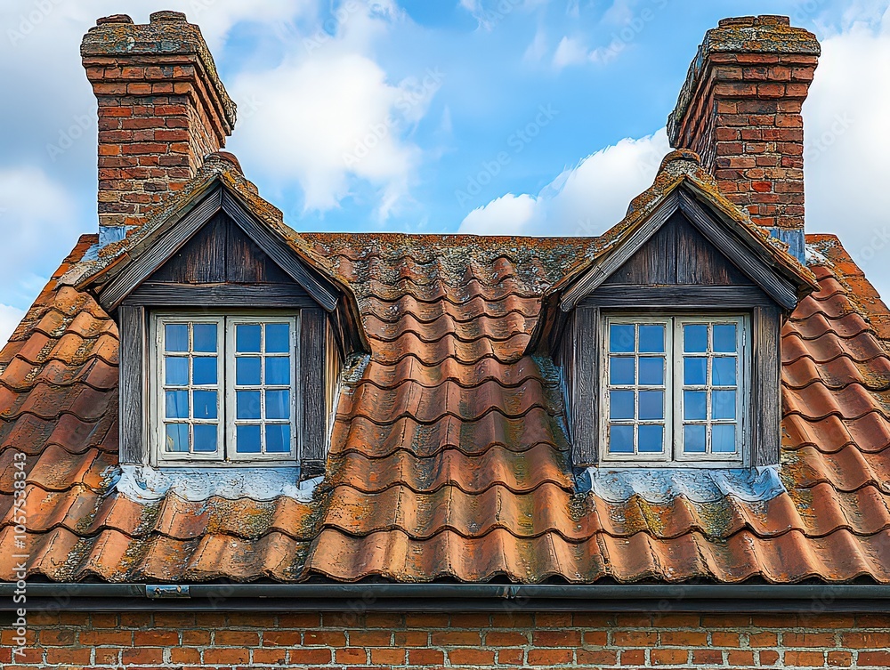 Traditional tiled roof with dormer windows and brick chimneys ...