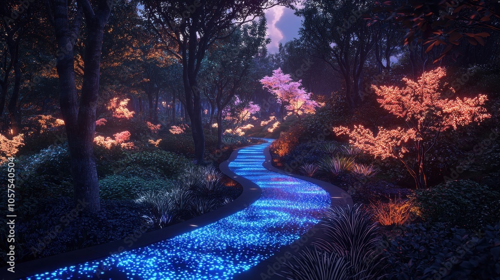 A scenic nature path with holographic information panels placed by ...
