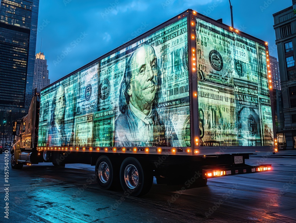 Commercial truck with LED screens displaying dynamic imagery of dollar ...