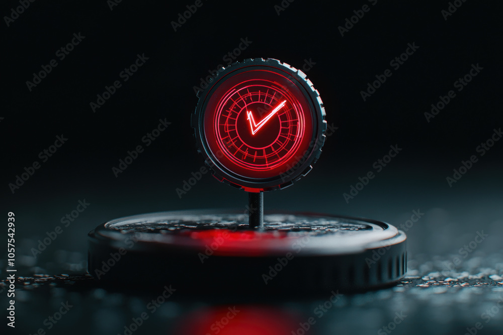 futuristic red checkmark symbol on circular base, glowing against dark ...