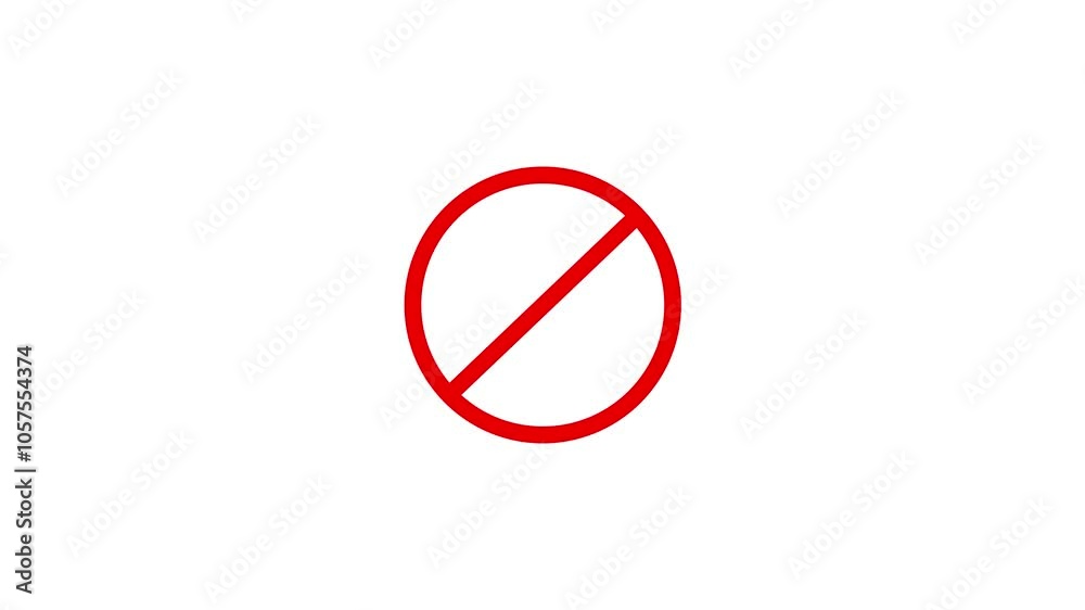 Warning, stop or no entry forbidden red circle on background. Animation ...