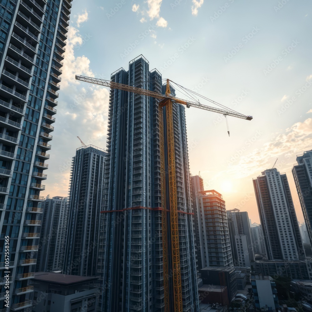 Large scale condominium construction site with the luffing jib tower ...