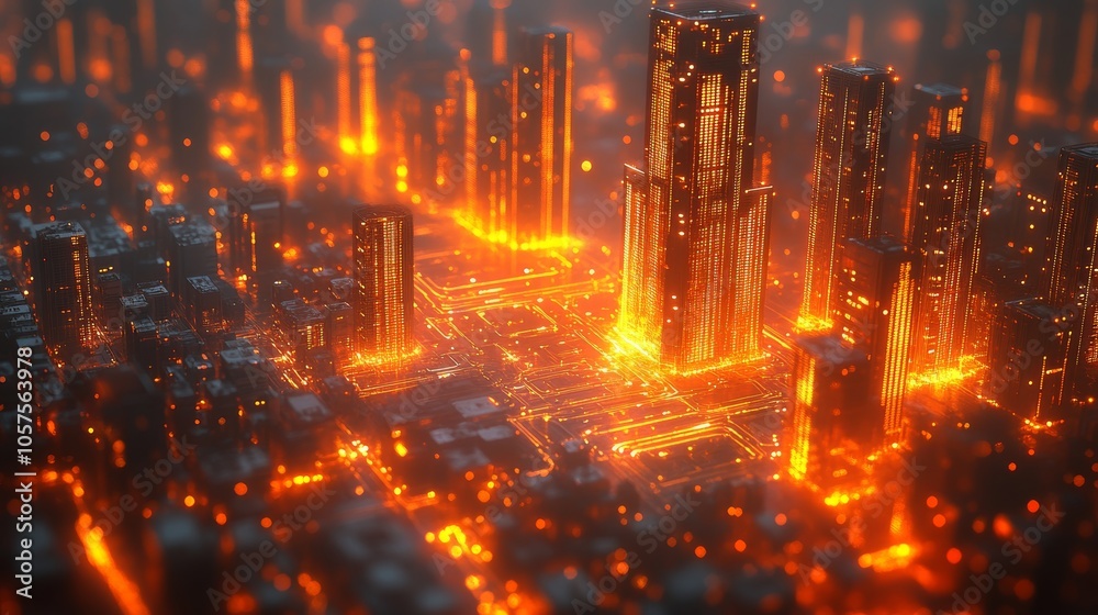 An illuminated cityscape at night with glowing digital data lights, a high-tech skyline, streets ...