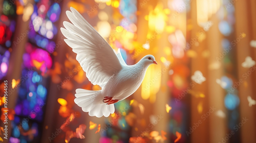 White dove flying. Holy spirit pigeon, church's colored stained glass ...
