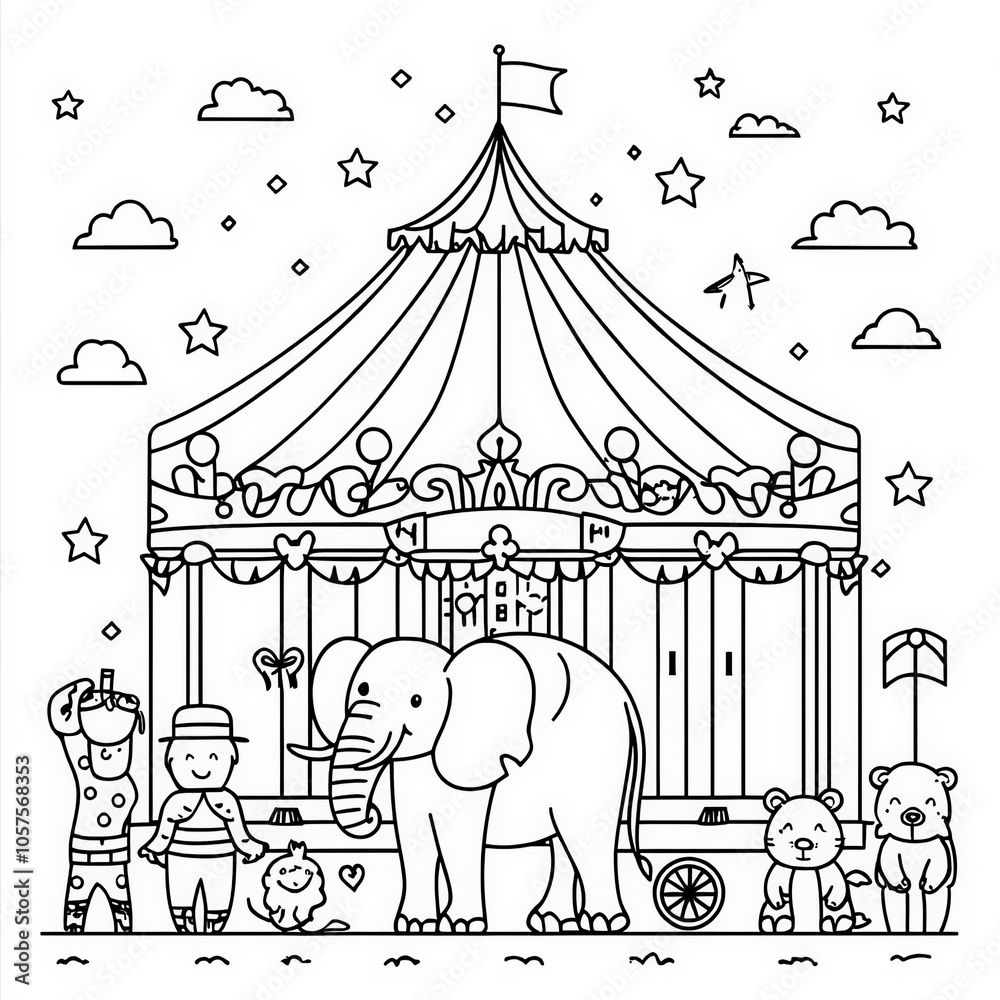 A friendly circus with performers and animals, coloring page for kids ...
