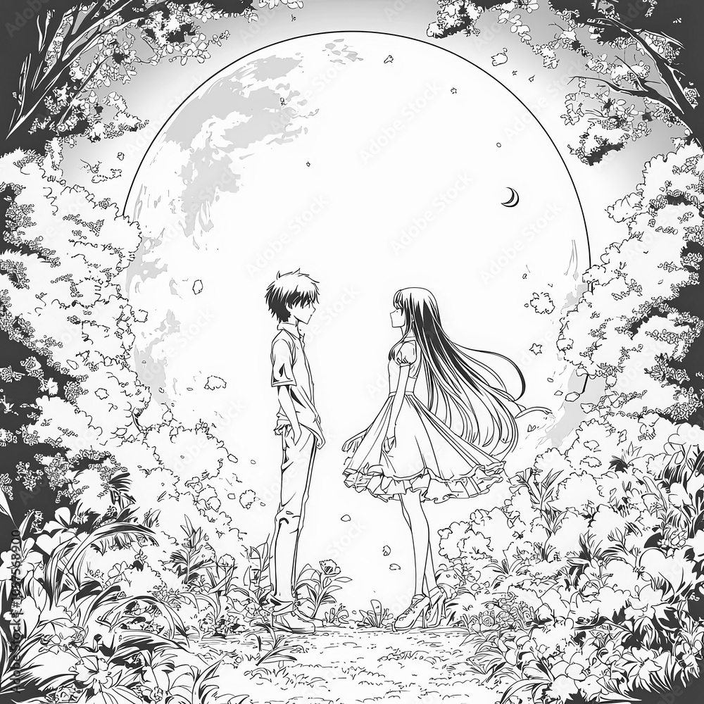 A romantic scene under a starlit sky, anime coloring page for kids ...