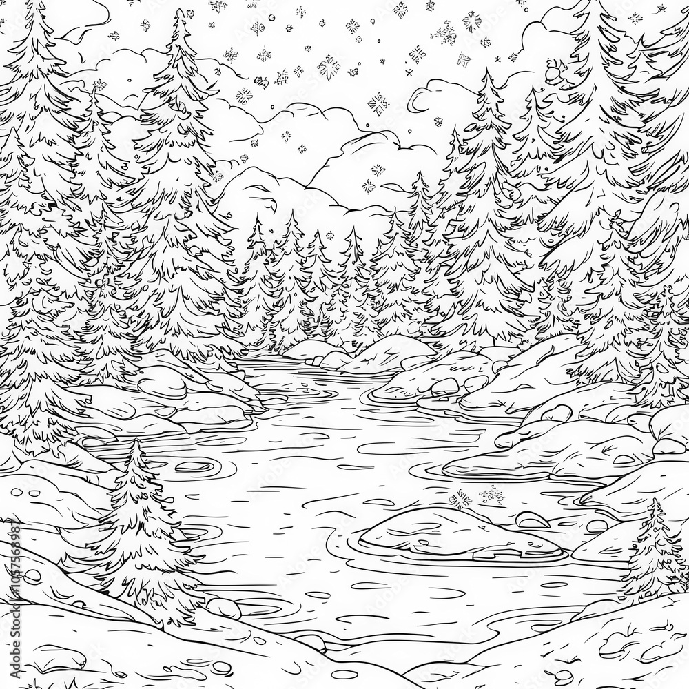A snow-covered landscape with a sparkling lake, coloring page for kids ...