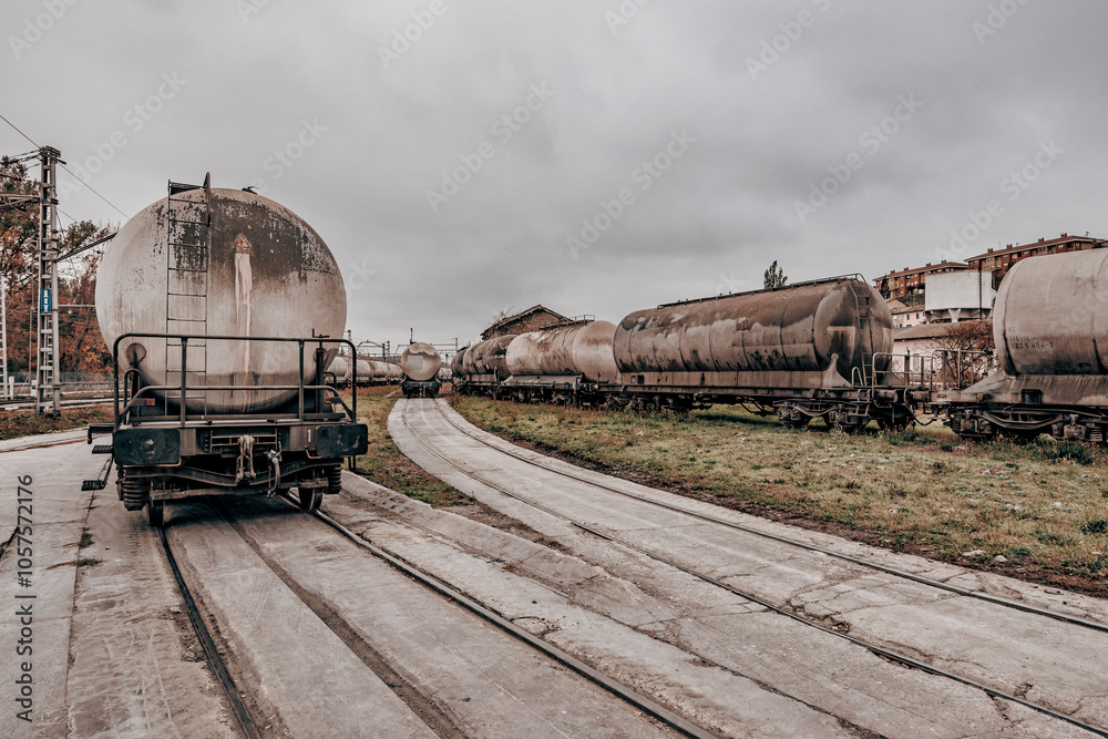 Industrial railway yard with freight and passenger trains on cloudy day ...