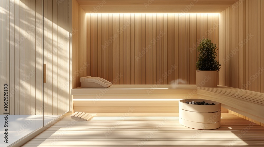 Serene sauna setup with light wooden panels, a built-in bench, and a ...