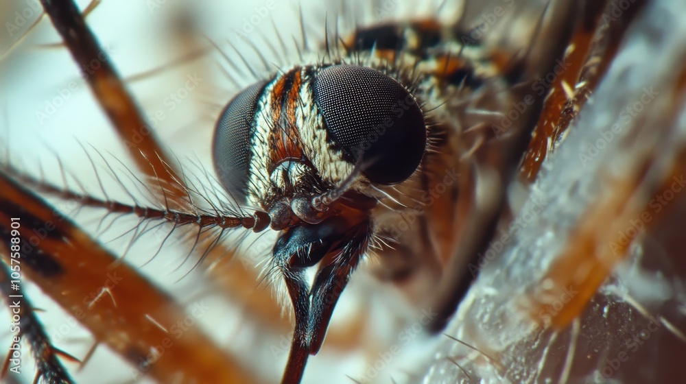 Detailed view of a striped mosquito's head and proboscis embedded in ...