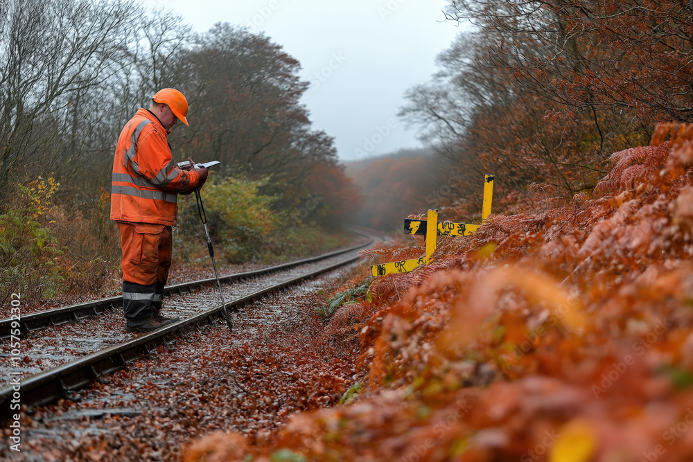 Railway Worker Inspecting Safety Measures Along The Tracks, Ensuring ...