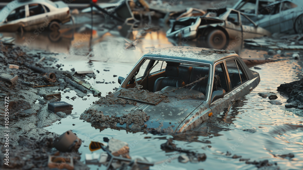 Severely flooded street with partially submerged, mud-covered cars ...
