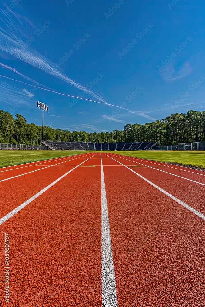 Fotografía Empty red running track with white lines on the ground ...