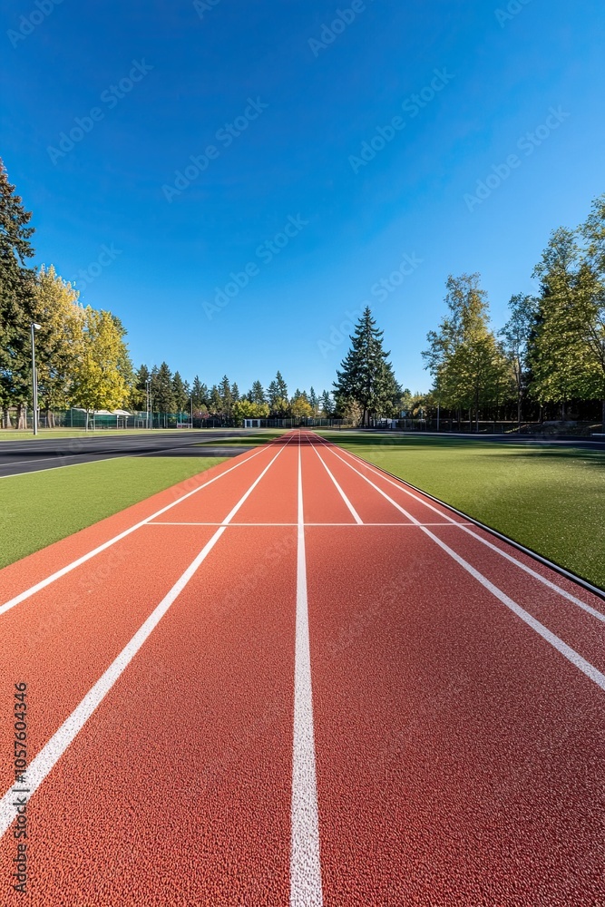 Empty red running track with white lines on the ground, outdoor sports ...