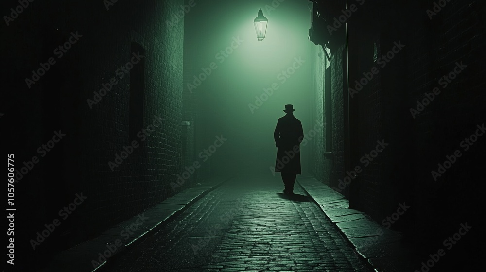 Mysterious detective walking down a cobblestone street in a foggy ...