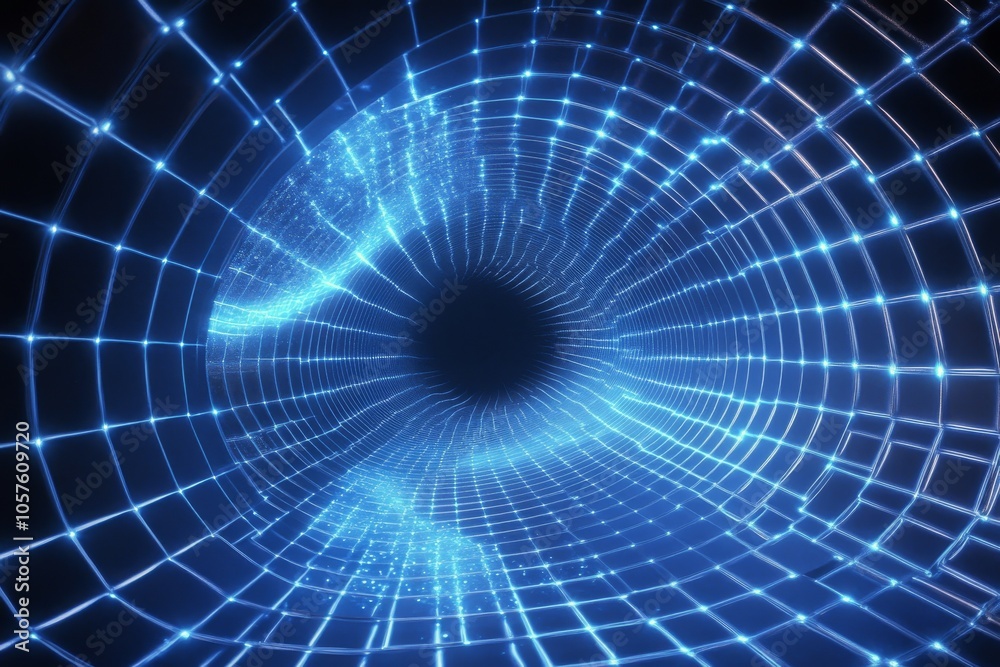 Digital representation of a blue vortex tunnel with glowing grid ...