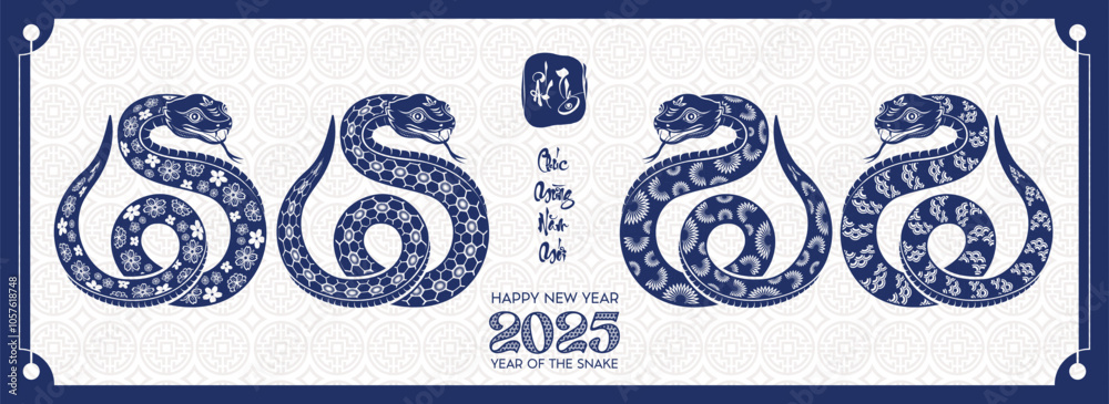 Vietnamese zodiac snake with blue paper cut. Happy Vietnamese new year ...