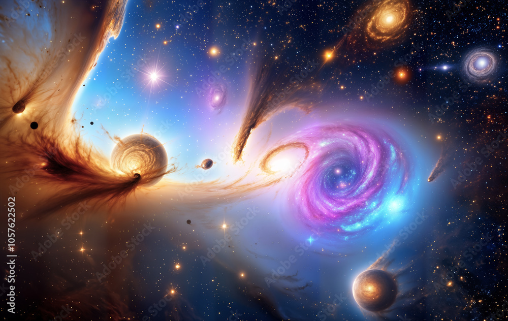 Surreal cosmic landscape with galaxies, nebulae, and planets in a ...