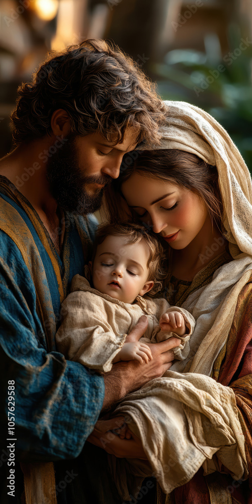 The painting depicts Mary, Joseph and the baby Jesus in a peaceful and ...