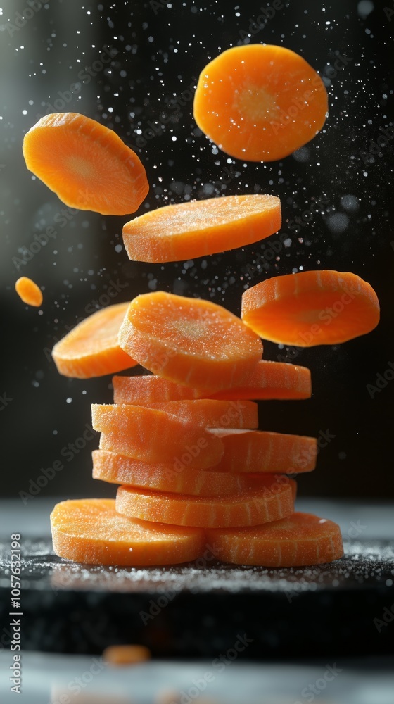 Round carrot slices are flying and creating a stack on a black surface ...