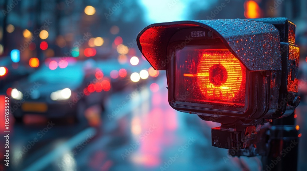 Red light traffic camera on rainy evening, urban street view ...