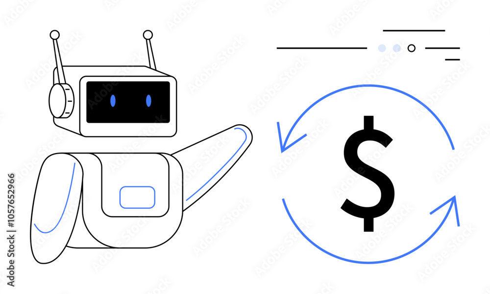 Robot With Screen Face And Antennas Pointing At A Dollar Sign Encircled By Arrows Ideal For Ai