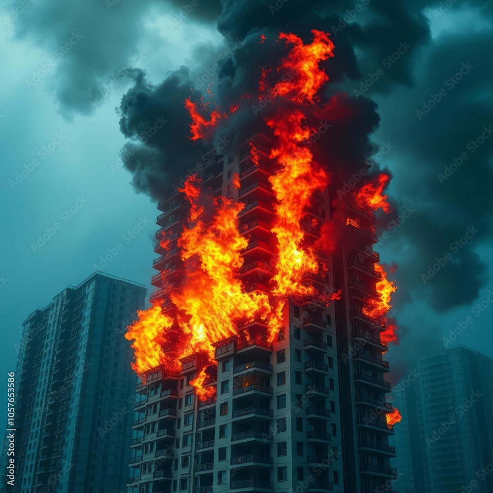 High-rise building on fire, towering inferno, raging flames, billowing ...