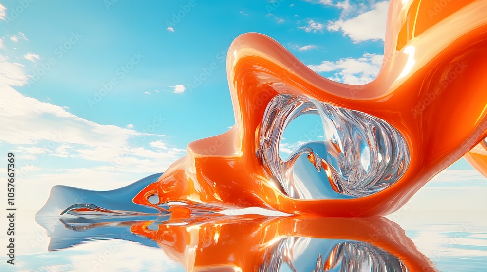 surrealistic scene dominated by a bright orange 3d object with organic ...
