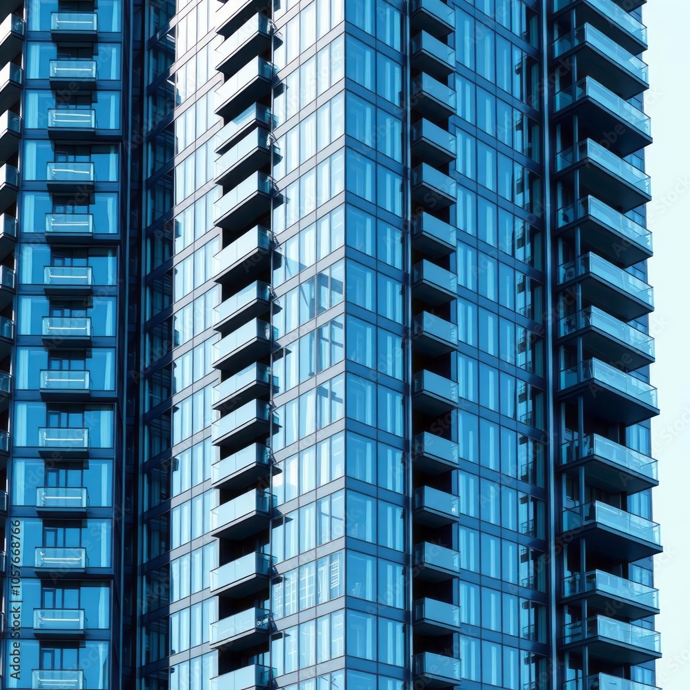 Building facade modern hi-rise condominium clad with blue glass and ...