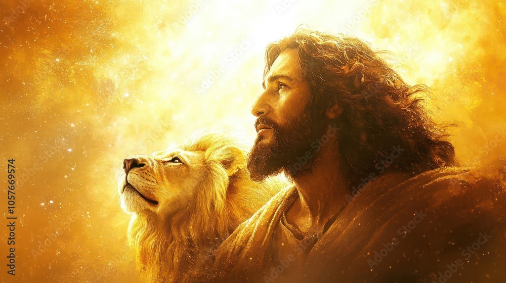 majestic depiction of jesus accompanied by a powerful lion, symbolizing ...