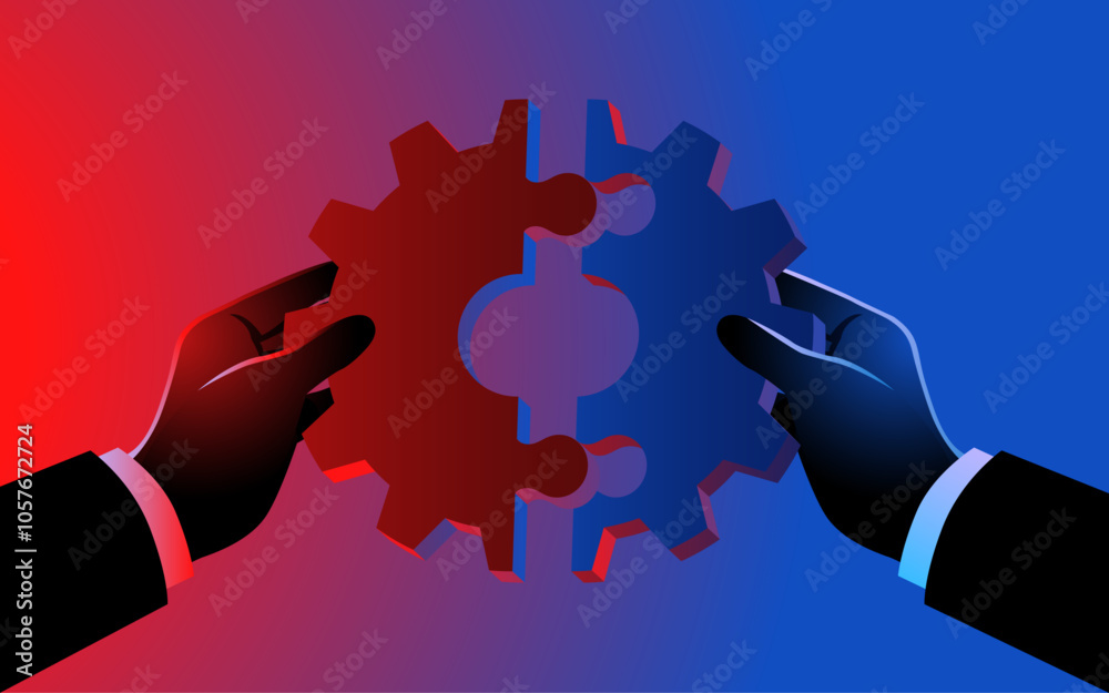 Two businessmen's hands connecting a gear shaped puzzle, symbolizing ...