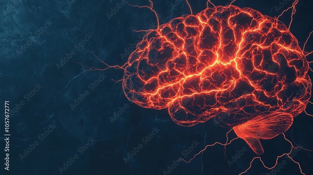 Abstract brain with illuminated neural connections and electric energy ...