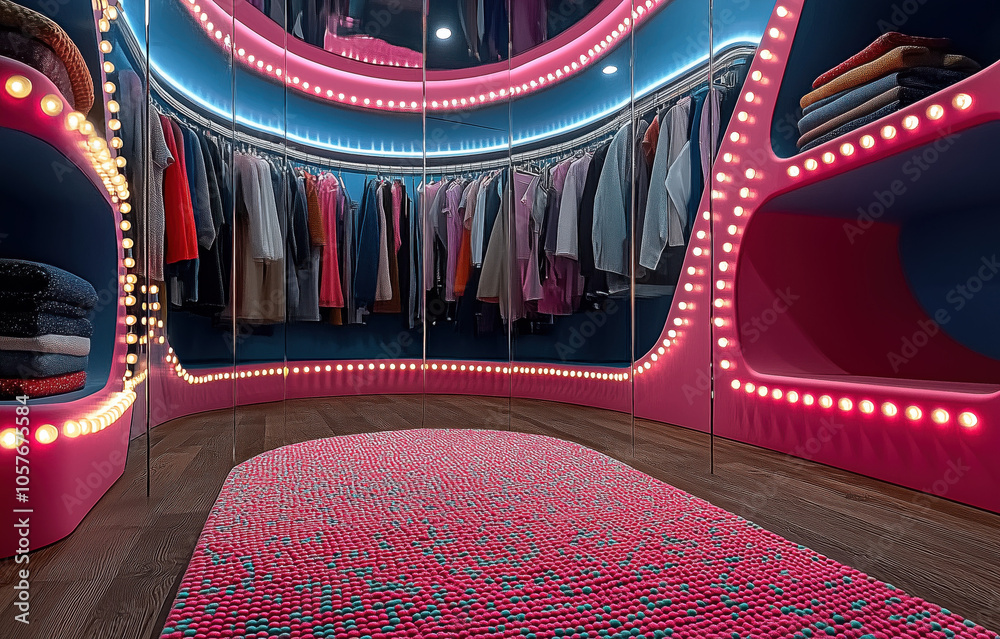 Neon-lit Vibrant Pink walk-in closet with glowing drawers, dressers ...