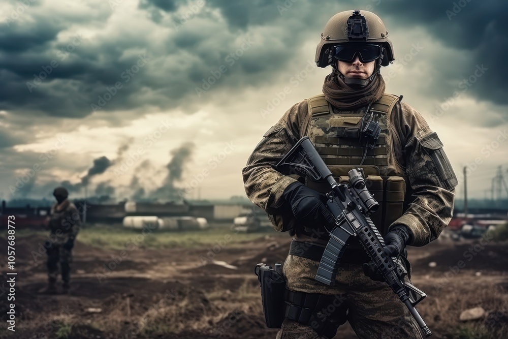Military personnel holding a rifle standing guard in a war-torn ...