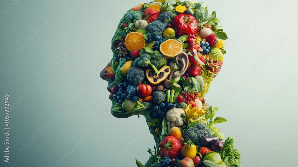 3D render human body made from organic food, fruits and vegetables ...