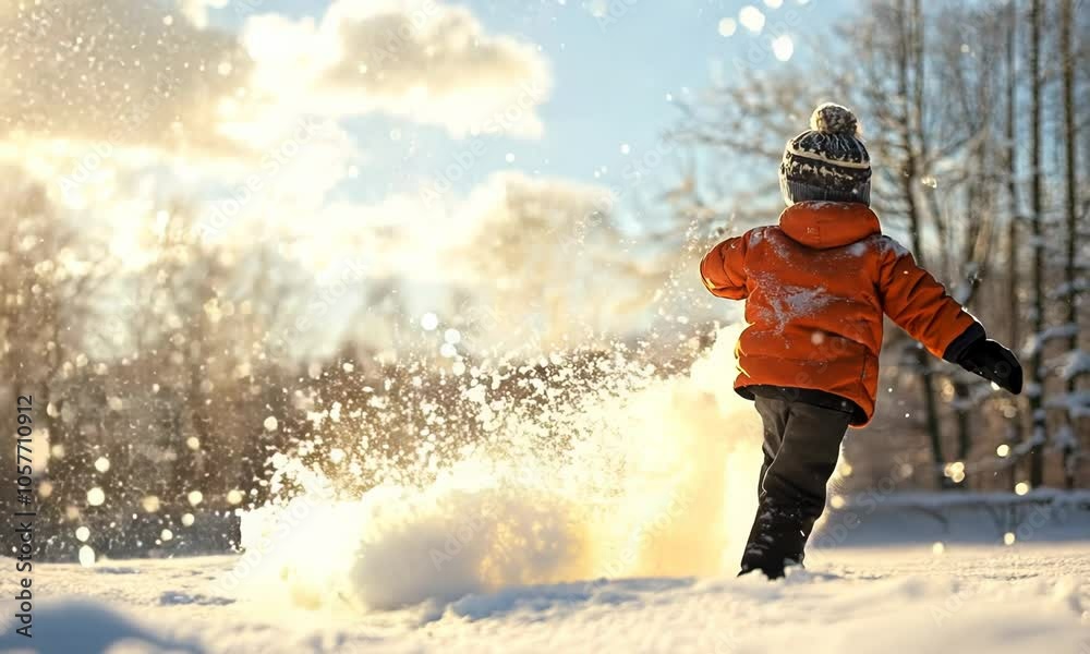 A child throwing a snowball with perfect form, capturing the wind-up ...
