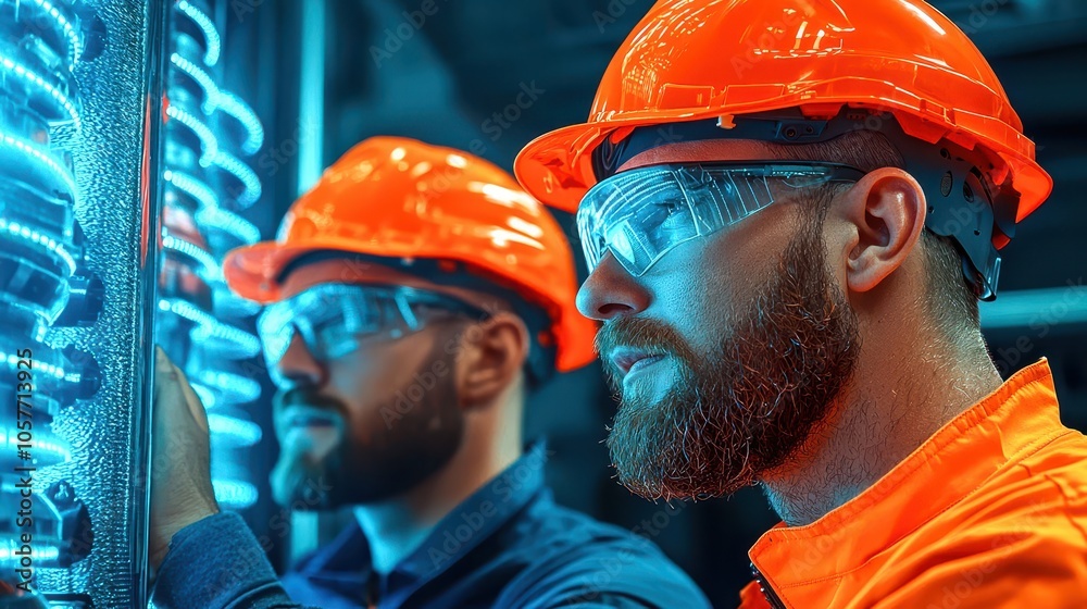 Two engineers in safety gear, inspecting a series of control valves on ...