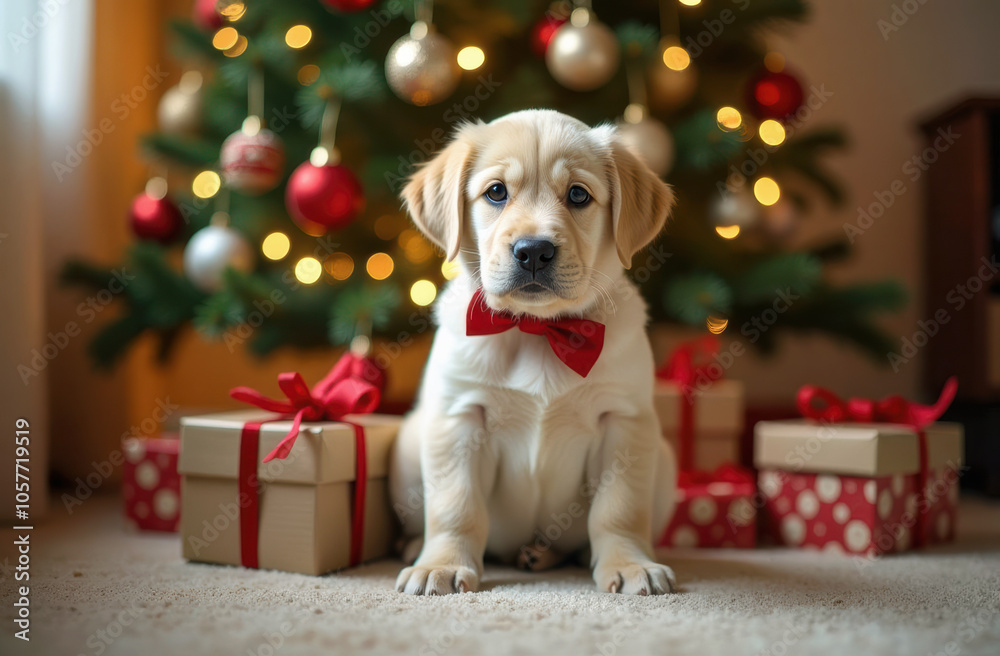 cute labrador puppy sits near christmas tree, red bow tied on back, dog ...