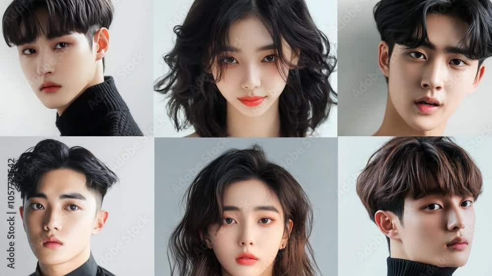 Six young korean people display various hairstyles and expressions ...