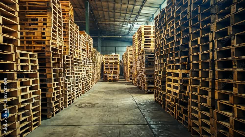 Pallets are stacked high in a warehouse, creating a maze-like structure ...