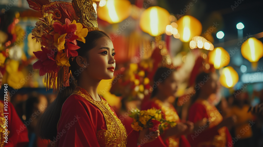 Sinulog Festival, dancers line up in red and yellow costumes, carrying ...