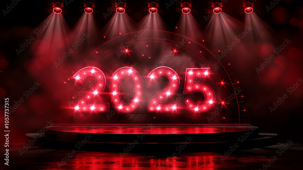 Dark stage with red spotlights illuminating the number 2025 in large ...