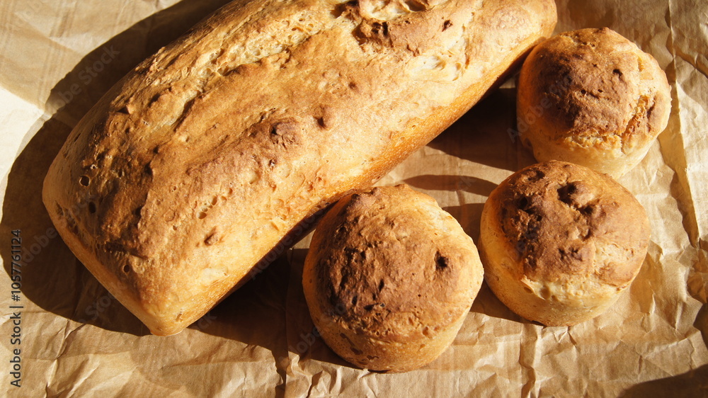 Bread, golden crust of bread, white bread, bread of different shapes on ...