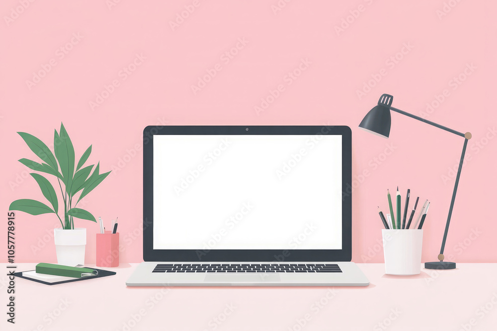 pink desk setup with laptop mockup in a minimalist workspace for ...