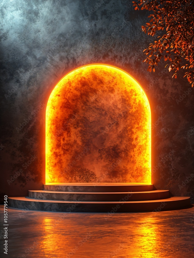 Glowing arc above circular platform in fiery scene. Futuristic and ...