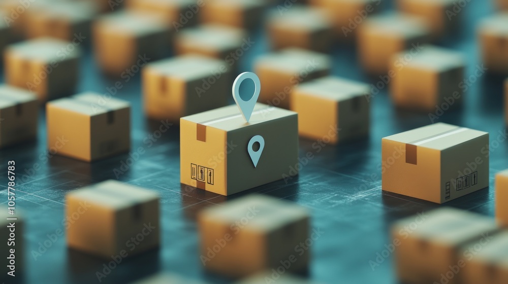 A single cardboard box with a location pin on it among many other boxes ...