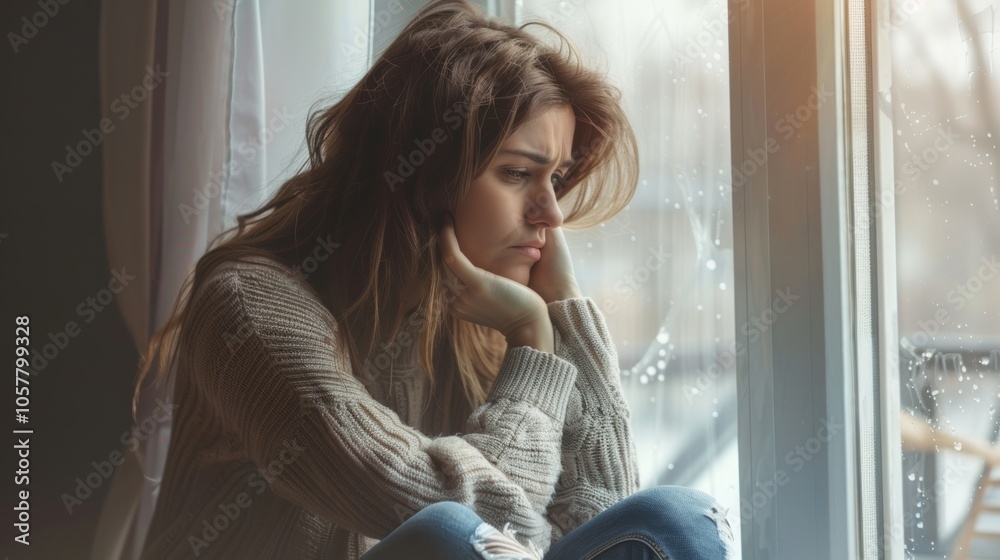 Woman facing depression and illness, sitting on window sill, gazing ...