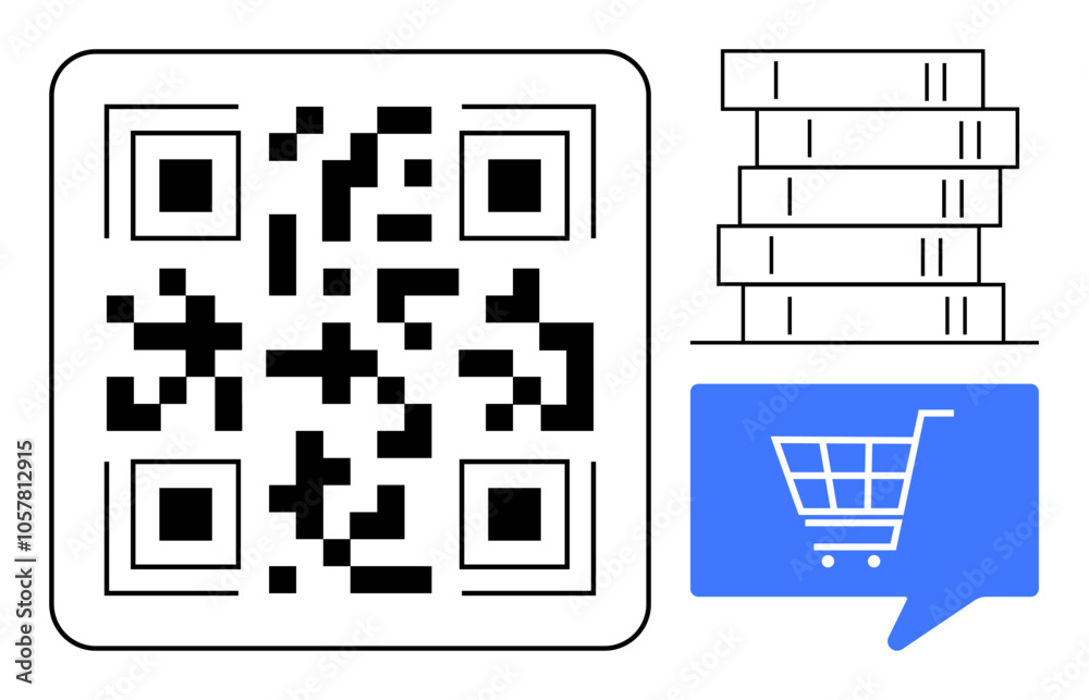 QR code next to stack of five books and blue speech bubble with ...
